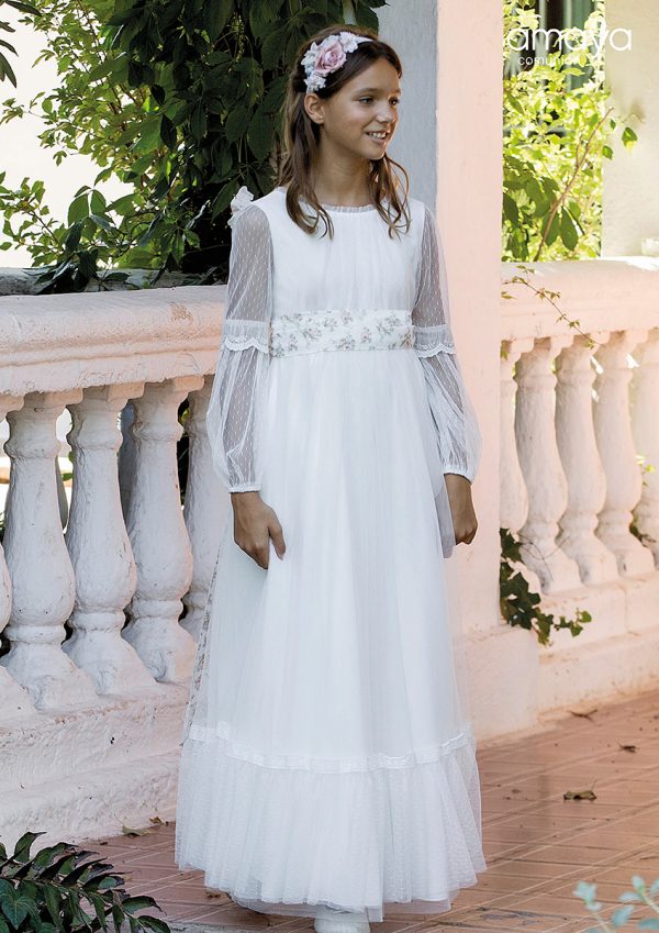 Long Sleeves Floral Sash Spanish Communion Gown Amaya 557007 – Sparkly ...
