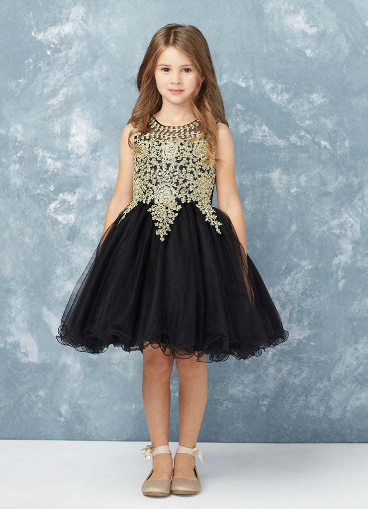 Short Flower Girl Dress with Gold Lace 7013BU – Sparkly Gowns